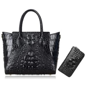 pijushi designer genuine leather top handle shoulder bag bundle with crocodile leather wristlet wallet