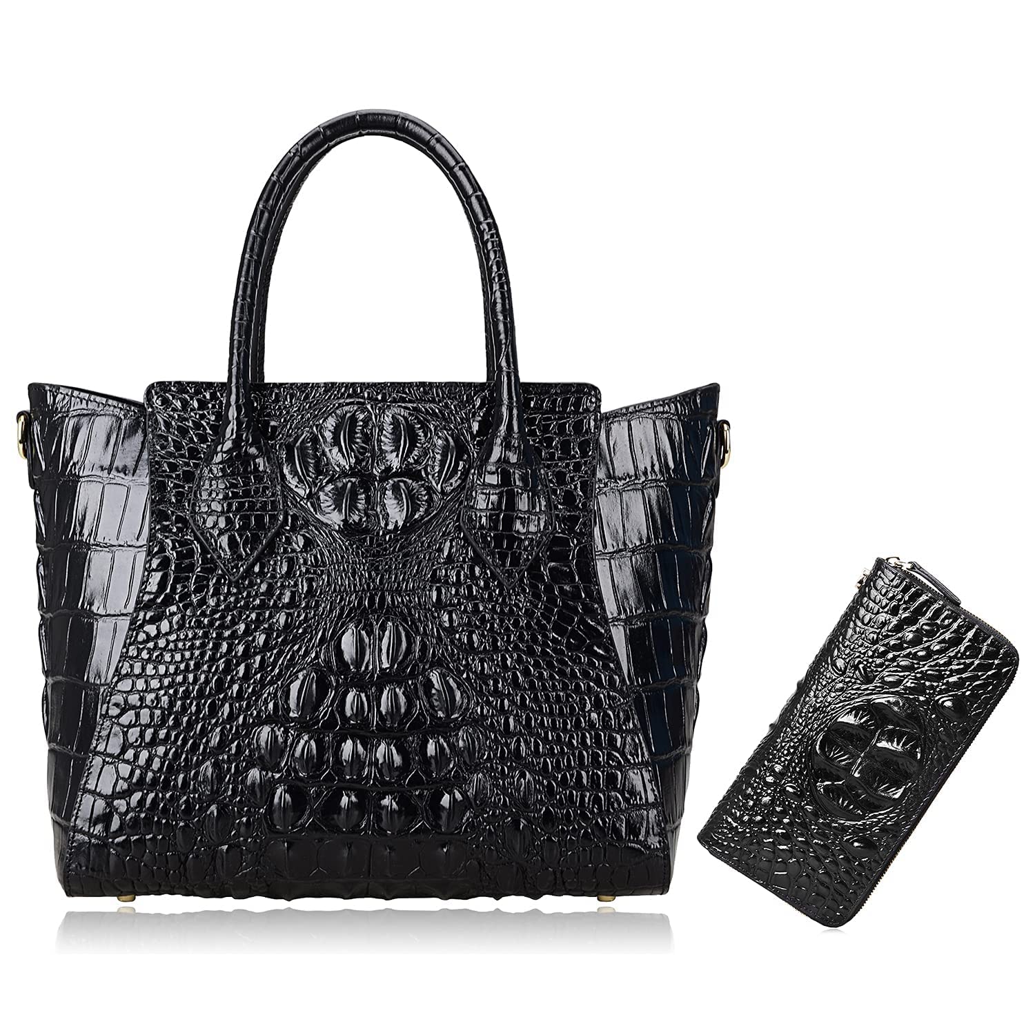 PIJUSHI Designer Genuine Leather Top Handle Shoulder Bag Bundle with Crocodile Leather Wristlet Wallet