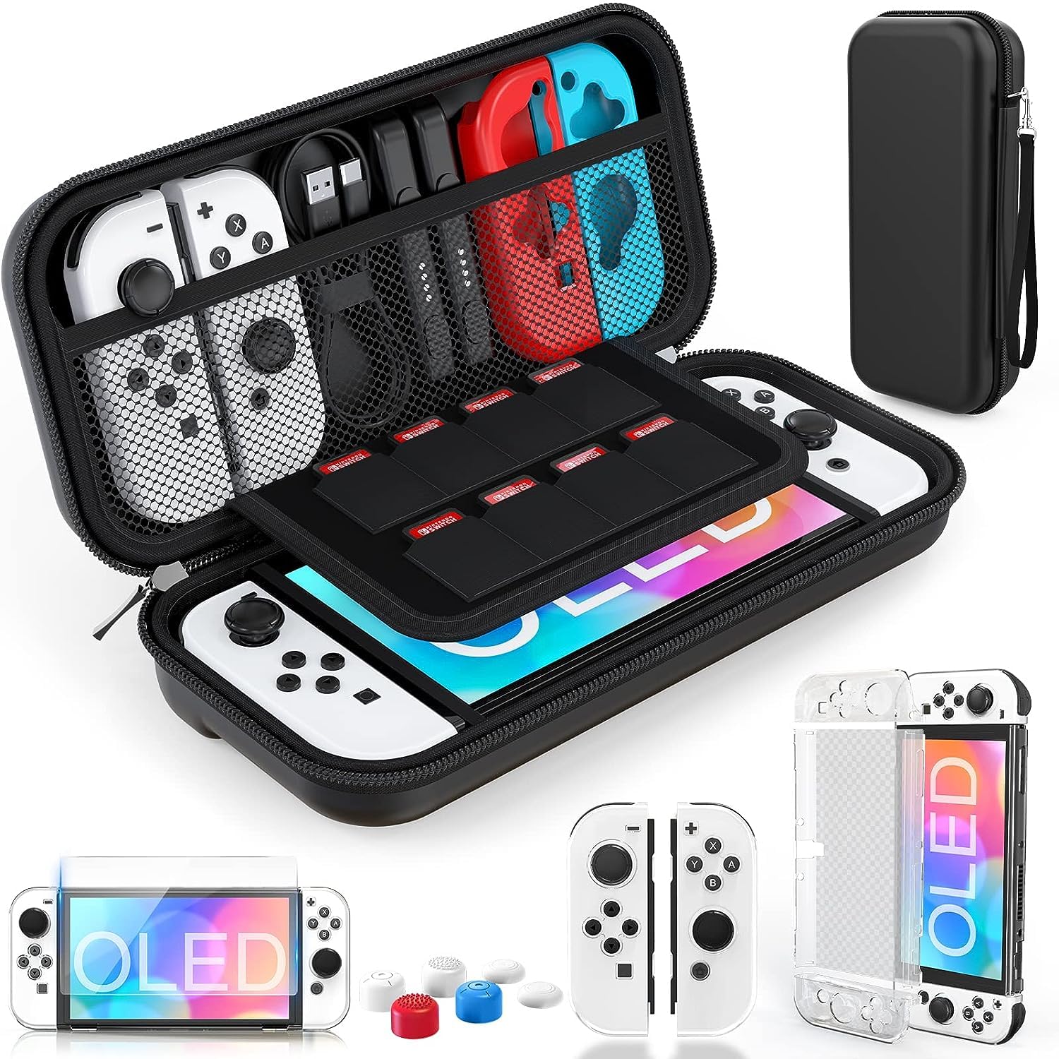 HEYSTOP Case for Nintendo Switch OLED Model, Protection for Switch OLED Switch Case OLED Kit Accessories Cover for Nintendo Switch OLED with Tempered Glass Screen and Thumb Covers Grips