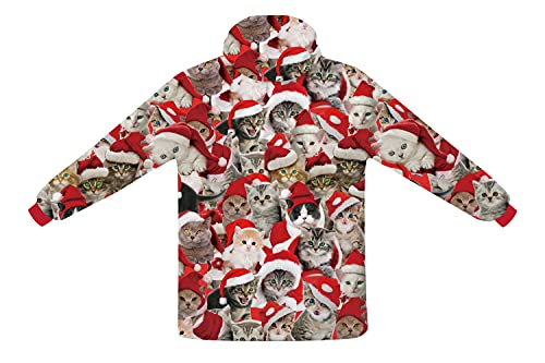 Christmas Cat Sweatshirt Blanket Wearable Hooded Throw Hat Xmas Nap Sherpa Giant Big Pocket Holiday Party Gifts Oversized Sweater Jacket Hoodies For Teens Girls