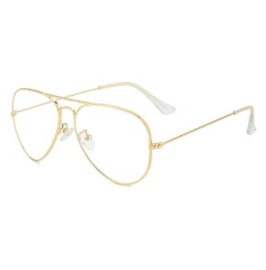 classic aviator blue light glasses for women men, metal frame clear lens eyeglasses (gold)