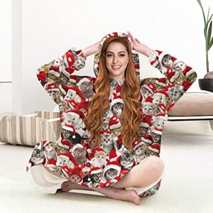 Christmas Cat Sweatshirt Blanket Wearable Hooded Throw Hat Xmas Nap Sherpa Giant Big Pocket Holiday Party Gifts Oversized Sweater Jacket Hoodies For Teens Girls