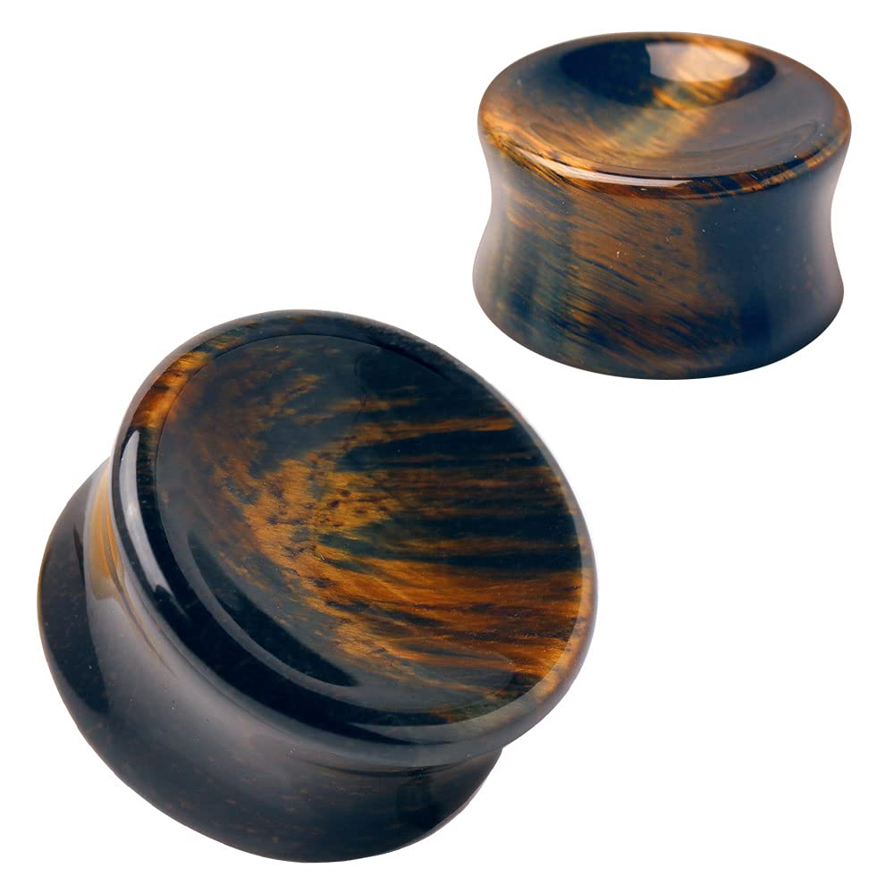 Pierced Owl Natural Concave Dark Tiger Eye Stone Double Flared Saddle fit Plugs, Sold as a Pair (12mm (1/2"))