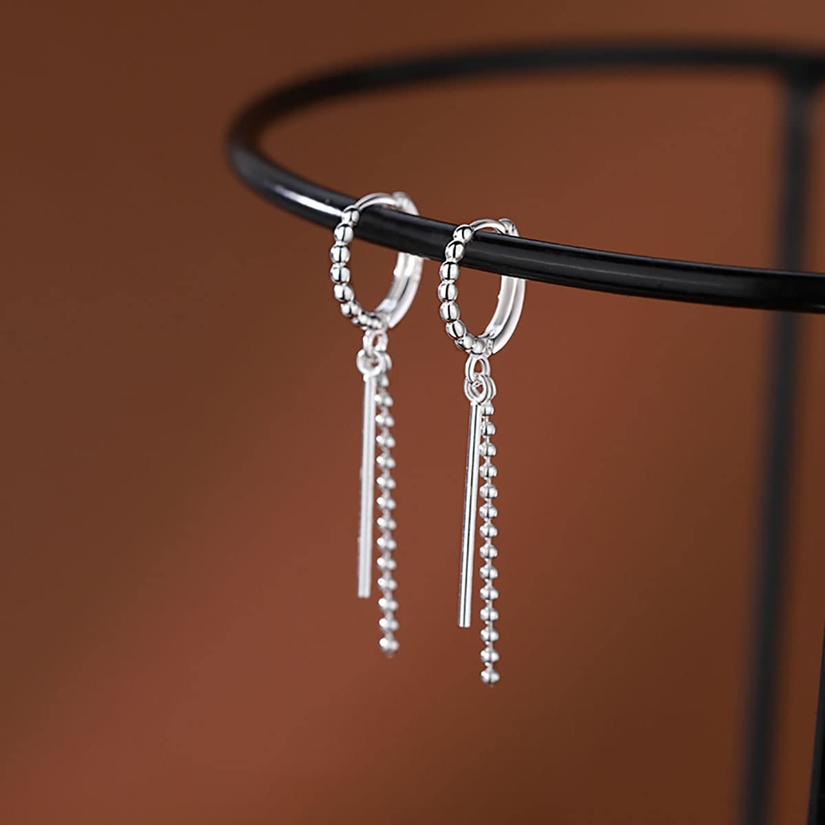 SLUYNZ 925 Sterling Silver Bead Ball Hoop Earrings for Women Teen Girls Minimalist Bar Hoop Earrings Dangle (A-Silver)