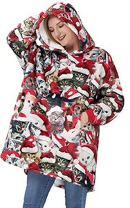 christmas cat sweatshirt blanket wearable hooded throw hat xmas nap sherpa giant big pocket holiday party gifts oversized sweater jacket hoodies for teens girls