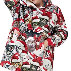 Christmas Cat Sweatshirt Blanket Wearable Hooded Throw Hat Xmas Nap Sherpa Giant Big Pocket Holiday Party Gifts Oversized Sweater Jacket Hoodies For Teens Girls