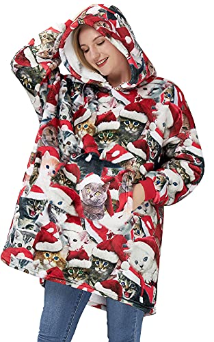 Christmas Cat Sweatshirt Blanket Wearable Hooded Throw Hat Xmas Nap Sherpa Giant Big Pocket Holiday Party Gifts Oversized Sweater Jacket Hoodies For Teens Girls