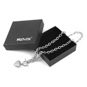 HZMAN Women Stainless Steel Heart Pendant Chunky Cuban Chain Link Toggle Clasp Necklace