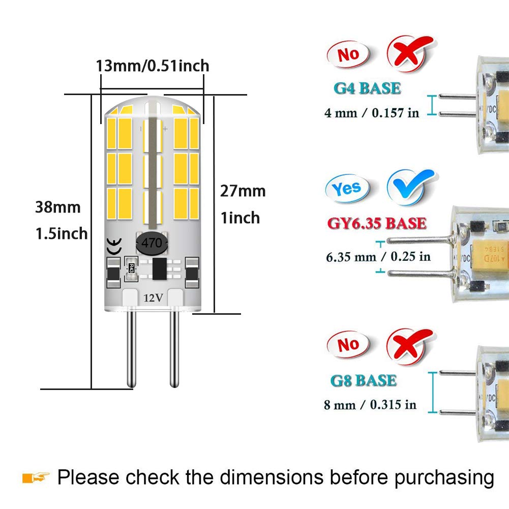 TAIYALOO GY6.35 LED Bulb 4W Equivalent to 25W- 30W Halogen Bulbs, T4 JC Type G6.35/GY6.35 Base, AC/DC 12V Daylight White 6000K GY6.35 Bulb, Not-Dimmable (6 Pack)