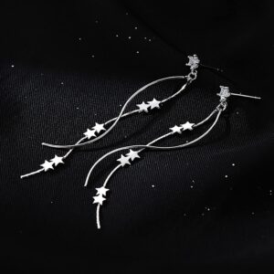 SLUYNZ Sterling Silver Star Dangle Earrings for Women Teens Girls Long Dangle Earrings Chain Curve Tassel (A-Silver)