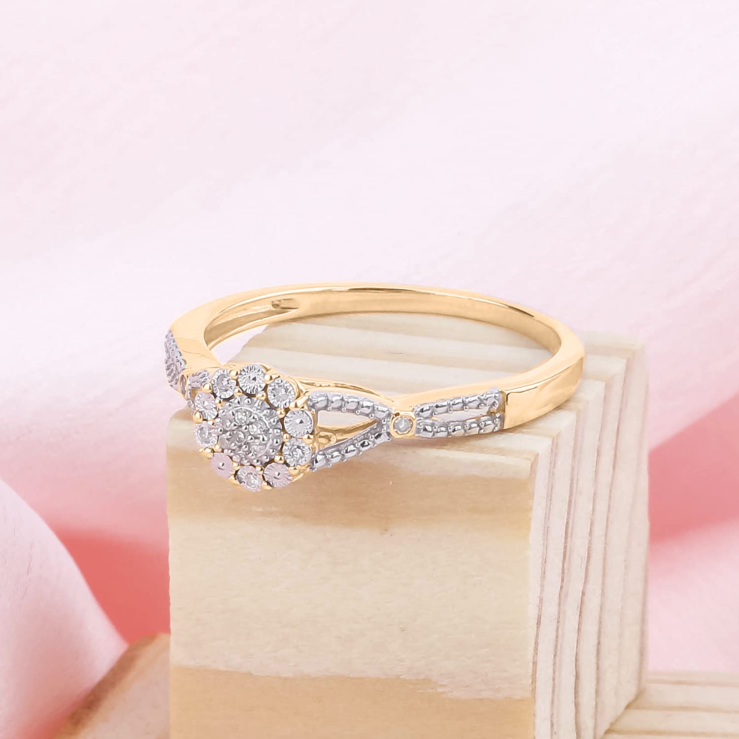 Cali Trove, 1/20cttw Diamond Cluster Promise Ring for Women in 925 Sterling Silver, Women's Diamond Floral Engagement Ring with Round White Diamond Halo in Yellow Gold-Plated, Rose Gold-Plated or