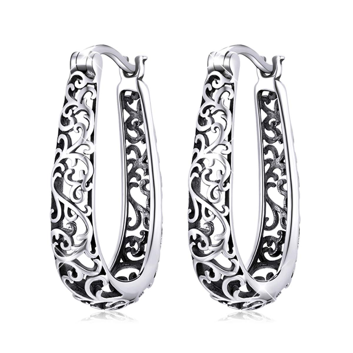 BISAER 925 Sterling Silver Huggie Hoop Earrings Filigree Hoop Earrings for Women Hypoallergenic Jewelry