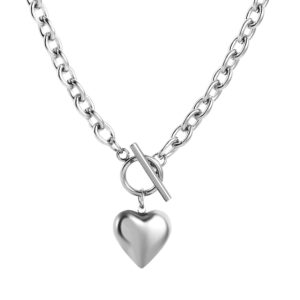 hzman women stainless steel heart pendant chunky cuban chain link toggle clasp necklace