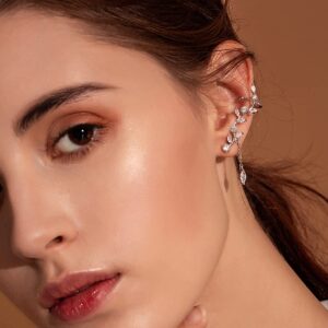 BISAER 925 Sterling Silver Ear Crawler - Cuff Earrings Cubic Zirconia Ear Climber Earrings for Women