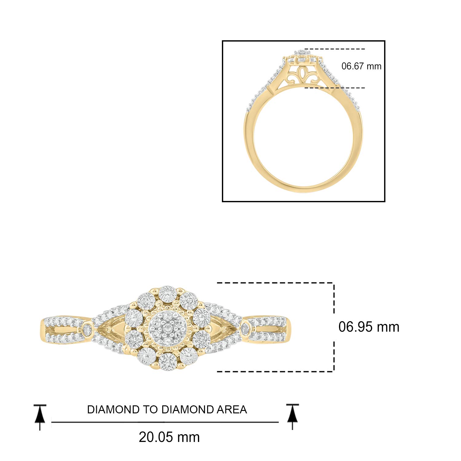 Cali Trove, 1/20cttw Diamond Cluster Promise Ring for Women in 925 Sterling Silver, Women's Diamond Floral Engagement Ring with Round White Diamond Halo in Yellow Gold-Plated, Rose Gold-Plated or