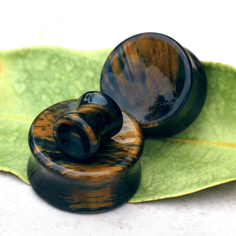 Pierced Owl Natural Concave Dark Tiger Eye Stone Double Flared Saddle fit Plugs, Sold as a Pair (12mm (1/2"))