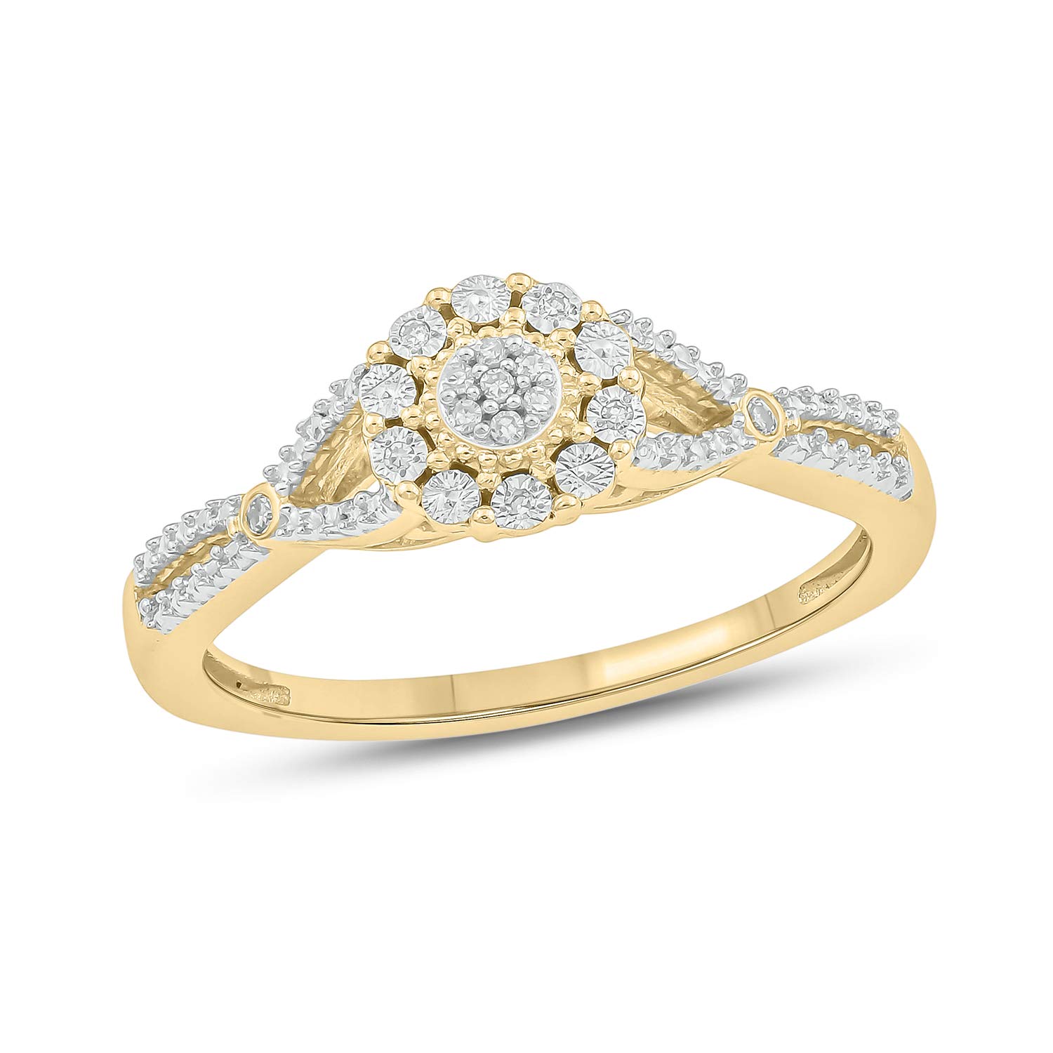 Cali Trove, 1/20cttw Diamond Cluster Promise Ring for Women in 925 Sterling Silver, Women's Diamond Floral Engagement Ring with Round White Diamond Halo in Yellow Gold-Plated, Rose Gold-Plated or