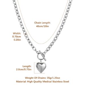 HZMAN Women Stainless Steel Heart Pendant Chunky Cuban Chain Link Toggle Clasp Necklace