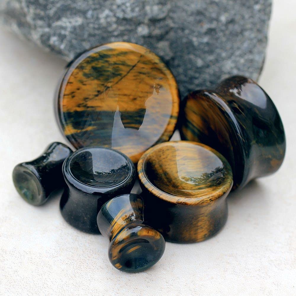 Pierced Owl Natural Concave Dark Tiger Eye Stone Double Flared Saddle fit Plugs, Sold as a Pair (12mm (1/2"))