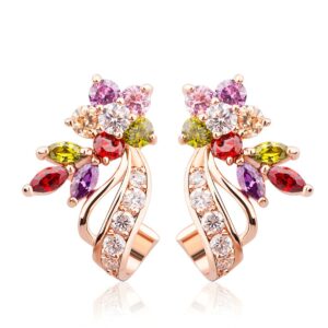 bisaer rose gold plated flower stud earrings multicolor cubic zirconia earrings for women cz jewelry gifts colorful cz earring