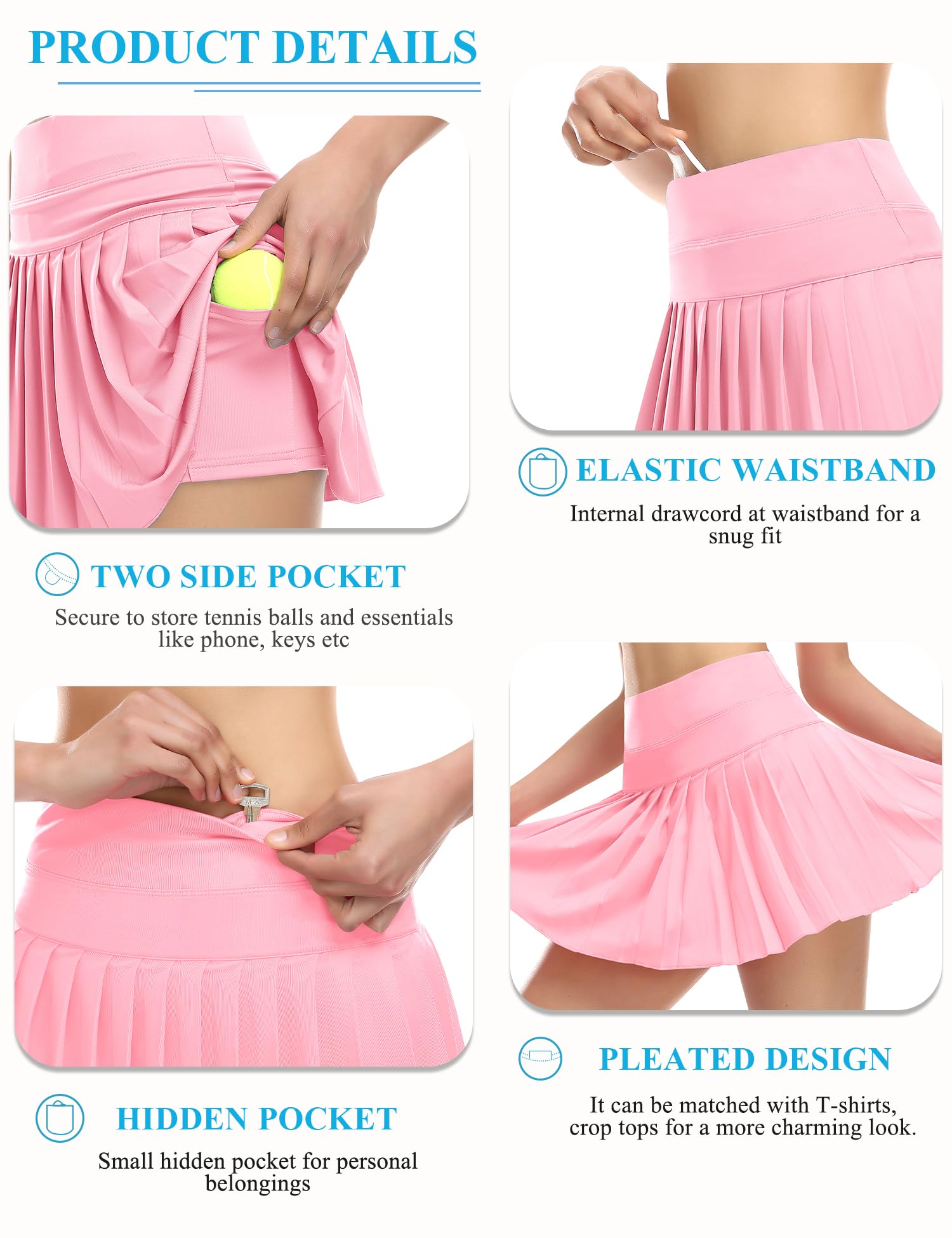 DERCA Pleated Tennis Skirt for Women with Pockets Shorts Athletic Golf Skirts Workout Sports Activewear Skort (Pink,X-Small)