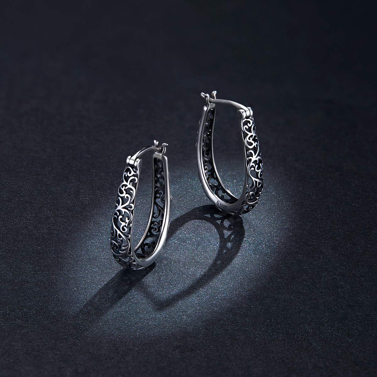 BISAER 925 Sterling Silver Huggie Hoop Earrings Filigree Hoop Earrings for Women Hypoallergenic Jewelry