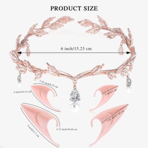 Didder 2 Pairs Elf Ears & Rhinestone Leaf Tiara Set, Fairy Ears Crown Headband Wedding Tiaras for Women Elf Ears Cosplay Accessories Fairy Costume for Women Halloween Elven Vampire