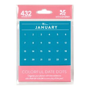 erin condren designer sticker sheets - colorful date dots stickers - 12 monthly sticker sheets, 432 stickers total. decorative and cute stickers for customizing planners, notebooks, and more