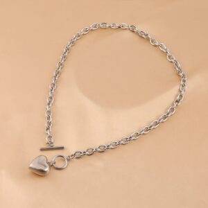 HZMAN Women Stainless Steel Heart Pendant Chunky Cuban Chain Link Toggle Clasp Necklace