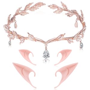 didder 2 pairs elf ears & rhinestone leaf tiara set, fairy ears crown headband wedding tiaras for women elf ears cosplay accessories fairy costume for women halloween elven vampire