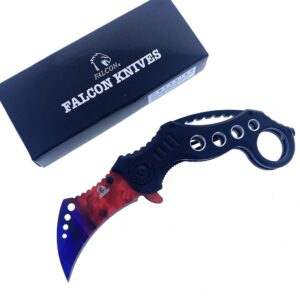 7.75" full metal claw style folding tactical knife with titanium coating blade and handle. for hunting, camping and knife collection (red purple)