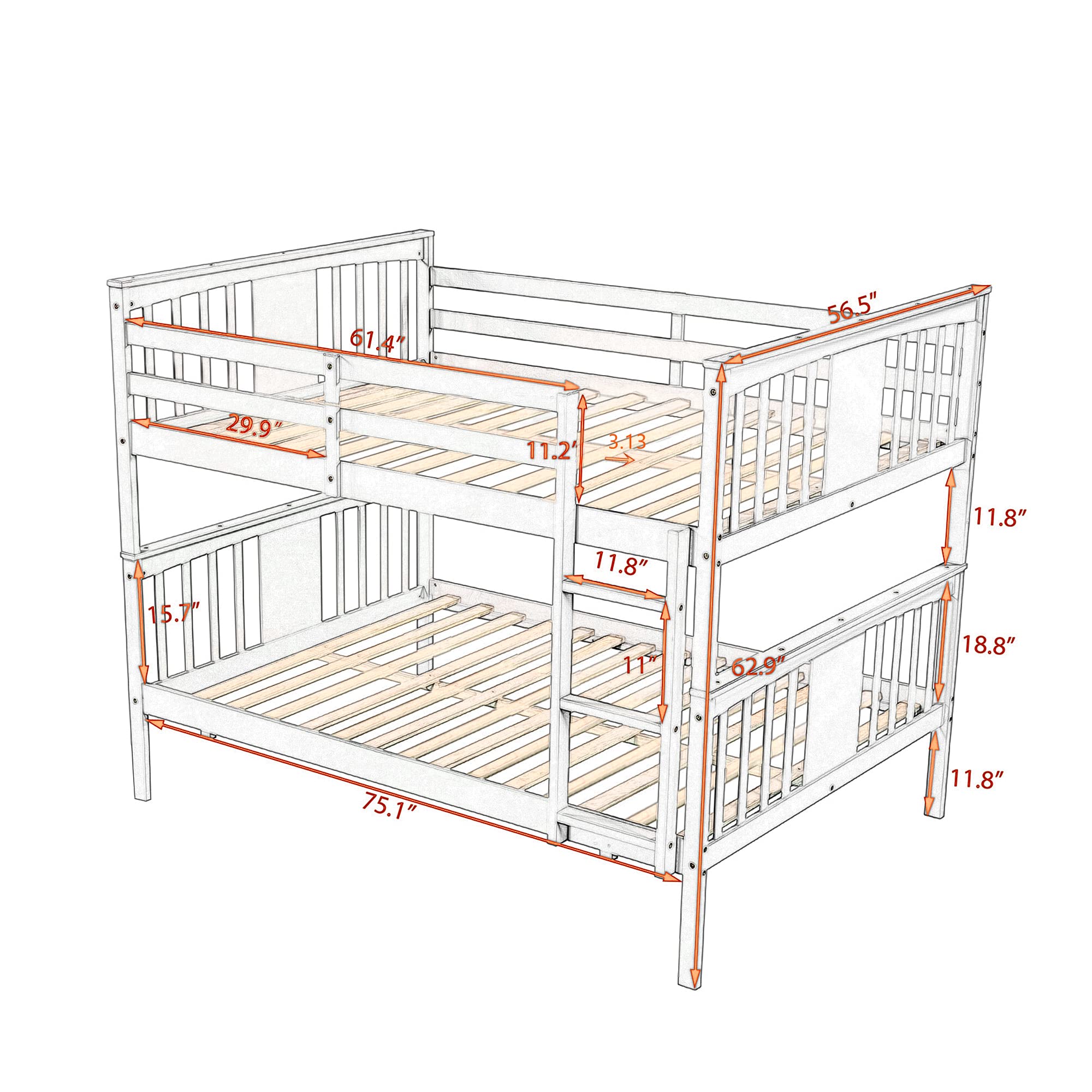 Harper & Bright Designs Full Over Full Bunk Beds for Adults,Teens, Kids, Wood Bunk Beds Full Over Full Size with Ladder,Full Bunk Beds with High Length Guardrail,Grey