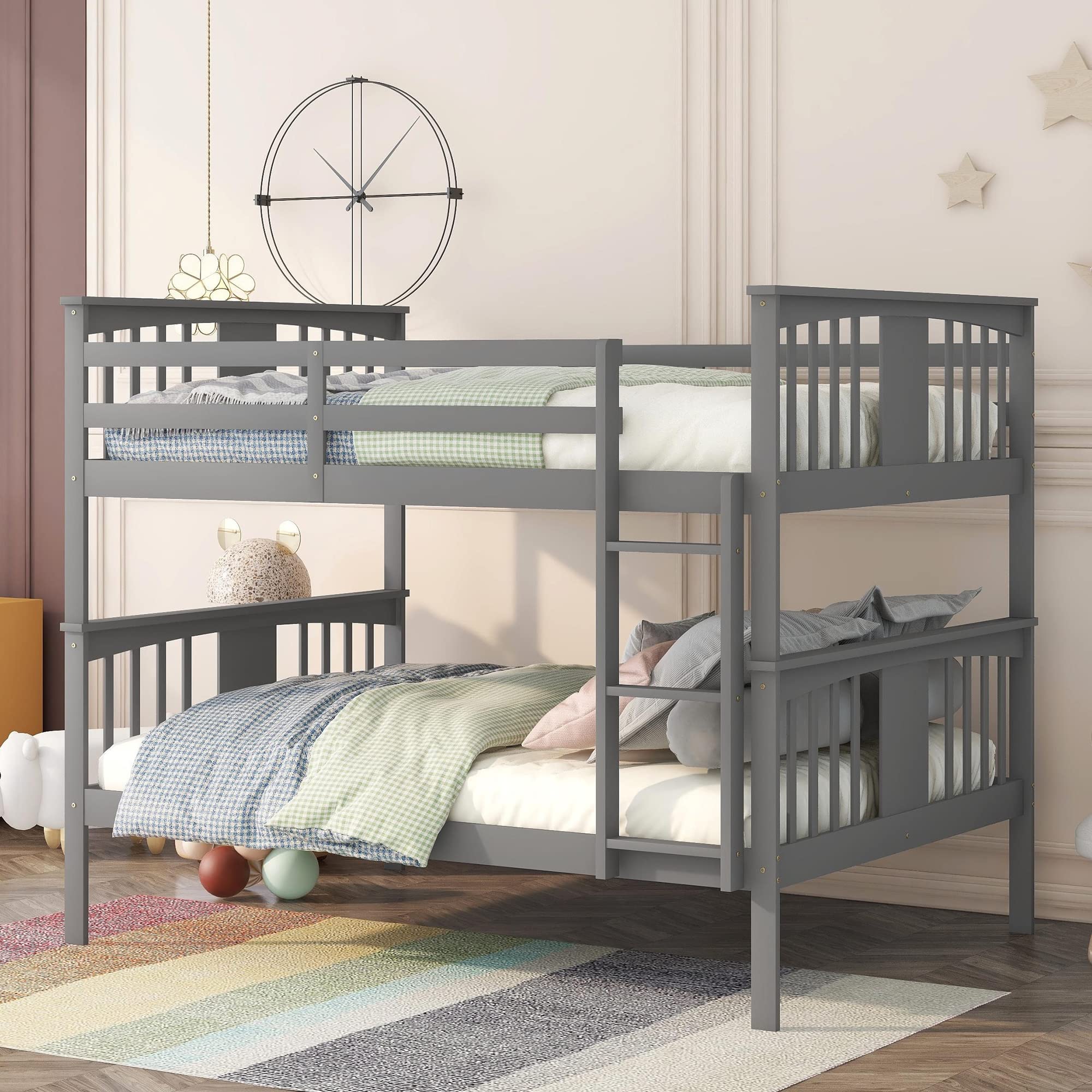 Harper & Bright Designs Full Over Full Bunk Beds for Adults,Teens, Kids, Wood Bunk Beds Full Over Full Size with Ladder,Full Bunk Beds with High Length Guardrail,Grey