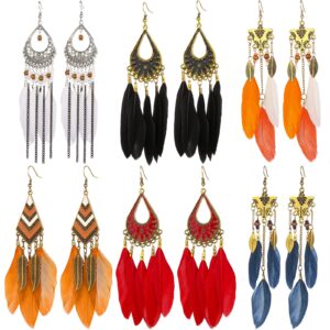 6 pairs women feather earrings bohemian fringe tassel long drop dangle earrings set with dream catcher design boho earrings for women girls birthday christmas holiday party (style 4)