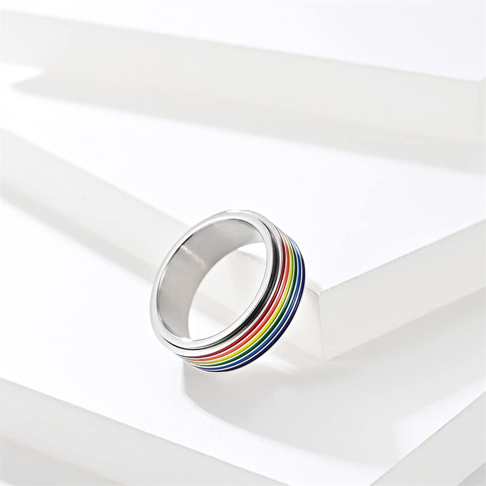 Rotatable Rainbow Stripe LGBT Pride Band Ring for Women Men Couples Bff Anti Anxiety Stress Relief Fidget Spinner Ring Stainless Steel Statement Relationship Knuckle Ring Boyfriend Girlfriend Xmas New Year Party Gifts (6)