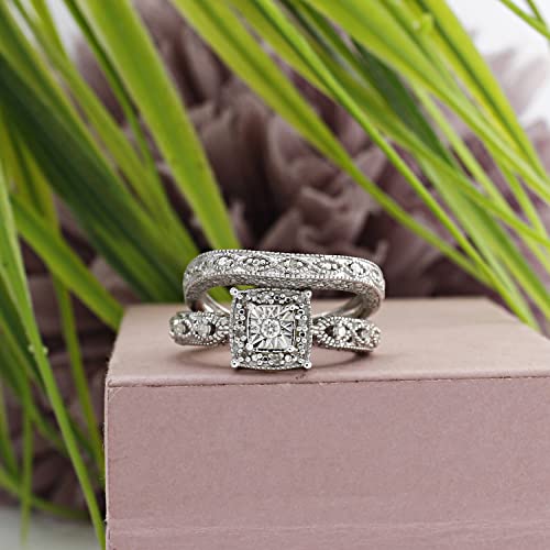 Wishrocks 1/5 Carat Round Cut White Natural Diamond Cascading Engagement Bridal Ring Set Jewelry For Women In 14K White Gold Over Sterling Silver (0.20 Cttw, Color- I-J, Clarity- I2-I3) Ring Size-9.5