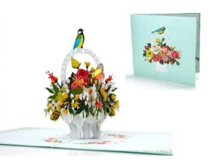 eta 3d bird and flower basket pop up greeting card for birthday, just because, thinking of you, retirement, get well, congratulations, cards mother's day, teacher's father's any occasions, f18