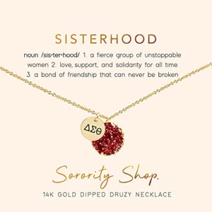 sorority shop - dst necklace - delta sigma theta red druzy gemstone necklace with engraved pendant – 14k gold dipped jewelry with red gemstone – sorority gift, charm paraphernalia