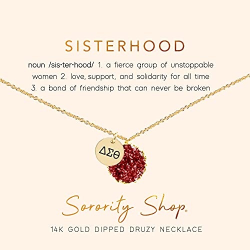 Sorority Shop - DST Necklace - Delta Sigma Theta Red Druzy Gemstone Necklace With Engraved Pendant – 14K Gold Dipped Jewelry with Red Gemstone – Sorority Gift, Charm Paraphernalia