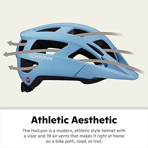 Schwinn Halcyon ERT Bike Helmet for Youth Boys Girls, Ages 8 to 14, Can Fit Head Circumference 54-58 cm, 19 Vents, Removeable Visor, Adjustable Fit, Medium Blue