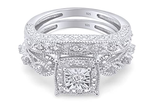 Wishrocks 1/5 Carat Round Cut White Natural Diamond Cascading Engagement Bridal Ring Set Jewelry For Women In 14K White Gold Over Sterling Silver (0.20 Cttw, Color- I-J, Clarity- I2-I3) Ring Size-9.5