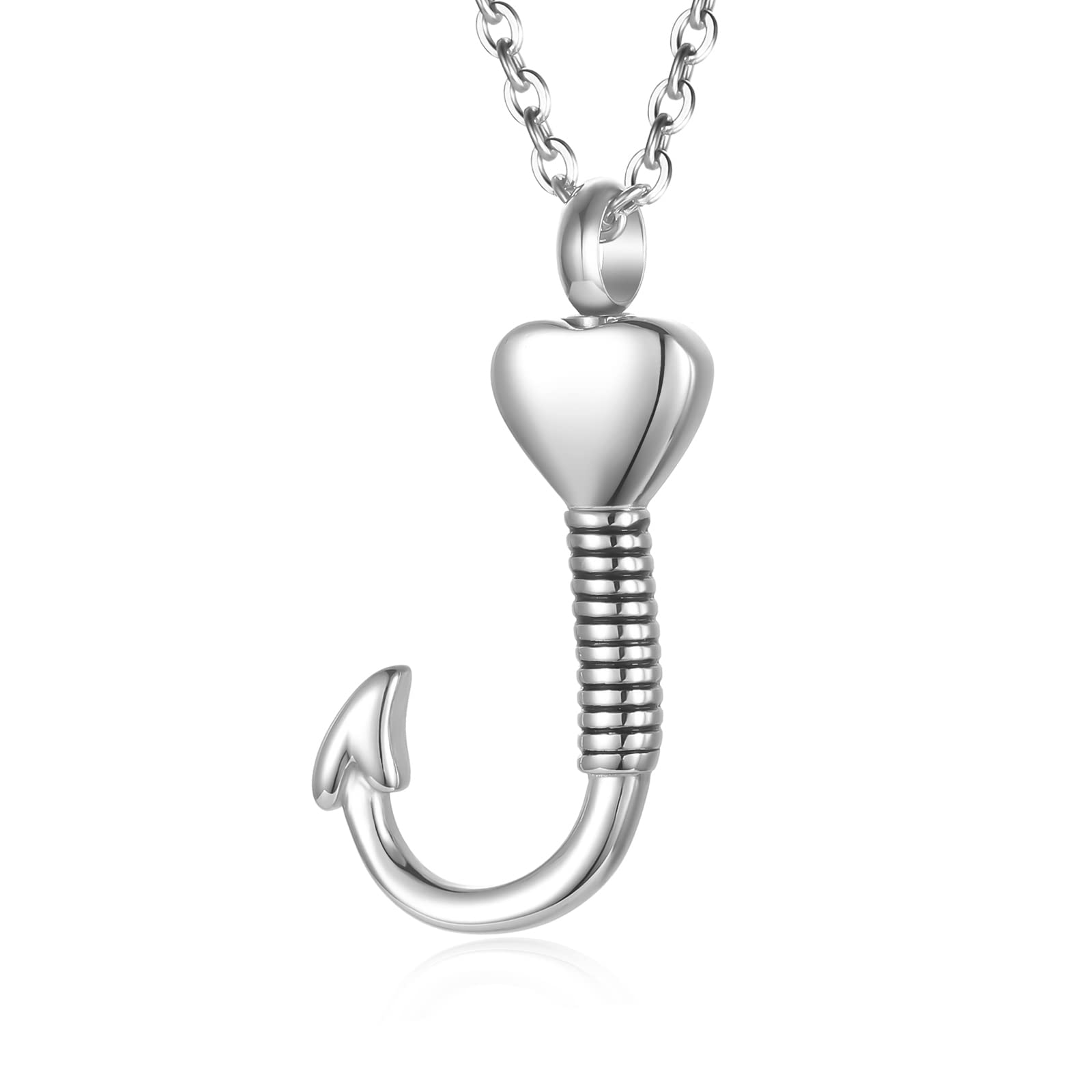 Romc Locu Fishing Hook Urn Necklace for Ashes Stainless Steel Fishing Lovers Cremation Jewelry Unisex Memorial Keepsake Pendant (Silver-Heaven)