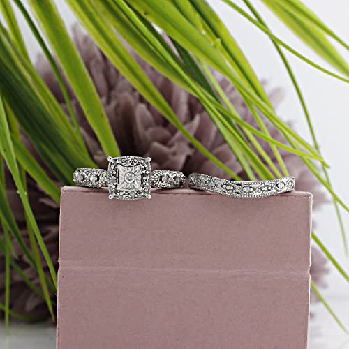 Wishrocks 1/5 Carat Round Cut White Natural Diamond Cascading Engagement Bridal Ring Set Jewelry For Women In 14K White Gold Over Sterling Silver (0.20 Cttw, Color- I-J, Clarity- I2-I3) Ring Size-9.5