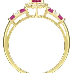 Tirafina Genuine Ruby and Diamond Ring, Alternating Design Of Genuine Gemstones and Diamonds, Center Stone Is Surrounded By Halo Of Diamonds, Gemstone Statement Ring, 14K Yellow Gold (Diamond 1/10 cttw)