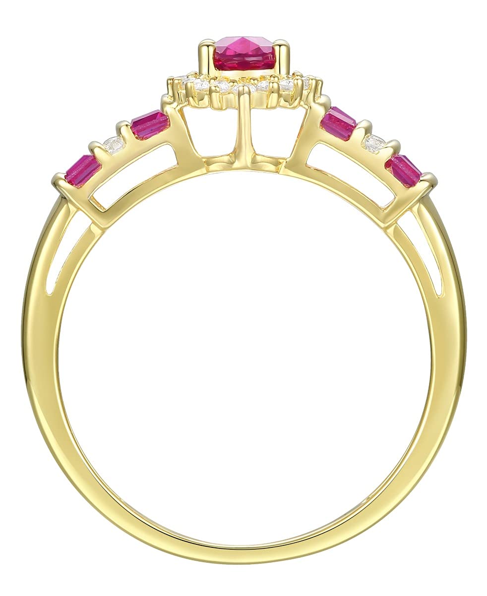 Tirafina Genuine Ruby and Diamond Ring, Alternating Design Of Genuine Gemstones and Diamonds, Center Stone Is Surrounded By Halo Of Diamonds, Gemstone Statement Ring, 14K Yellow Gold (Diamond 1/10 cttw)