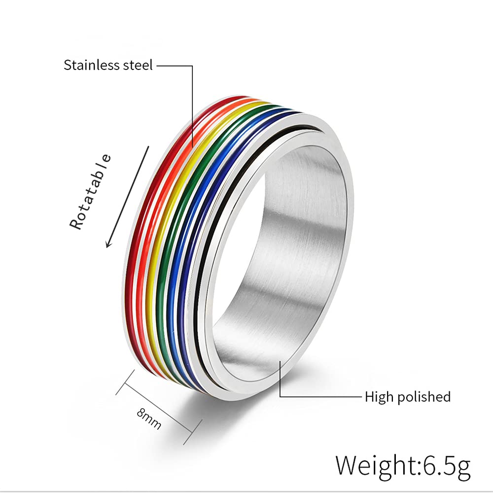 Rotatable Rainbow Stripe LGBT Pride Band Ring for Women Men Couples Bff Anti Anxiety Stress Relief Fidget Spinner Ring Stainless Steel Statement Relationship Knuckle Ring Boyfriend Girlfriend Xmas New Year Party Gifts (6)