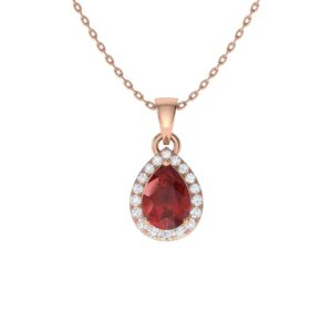 diamondere natural and certified pear garnet and diamond halo drop petite necklace in 14k rose gold | 0.33 carat pendant with 18 inch chain