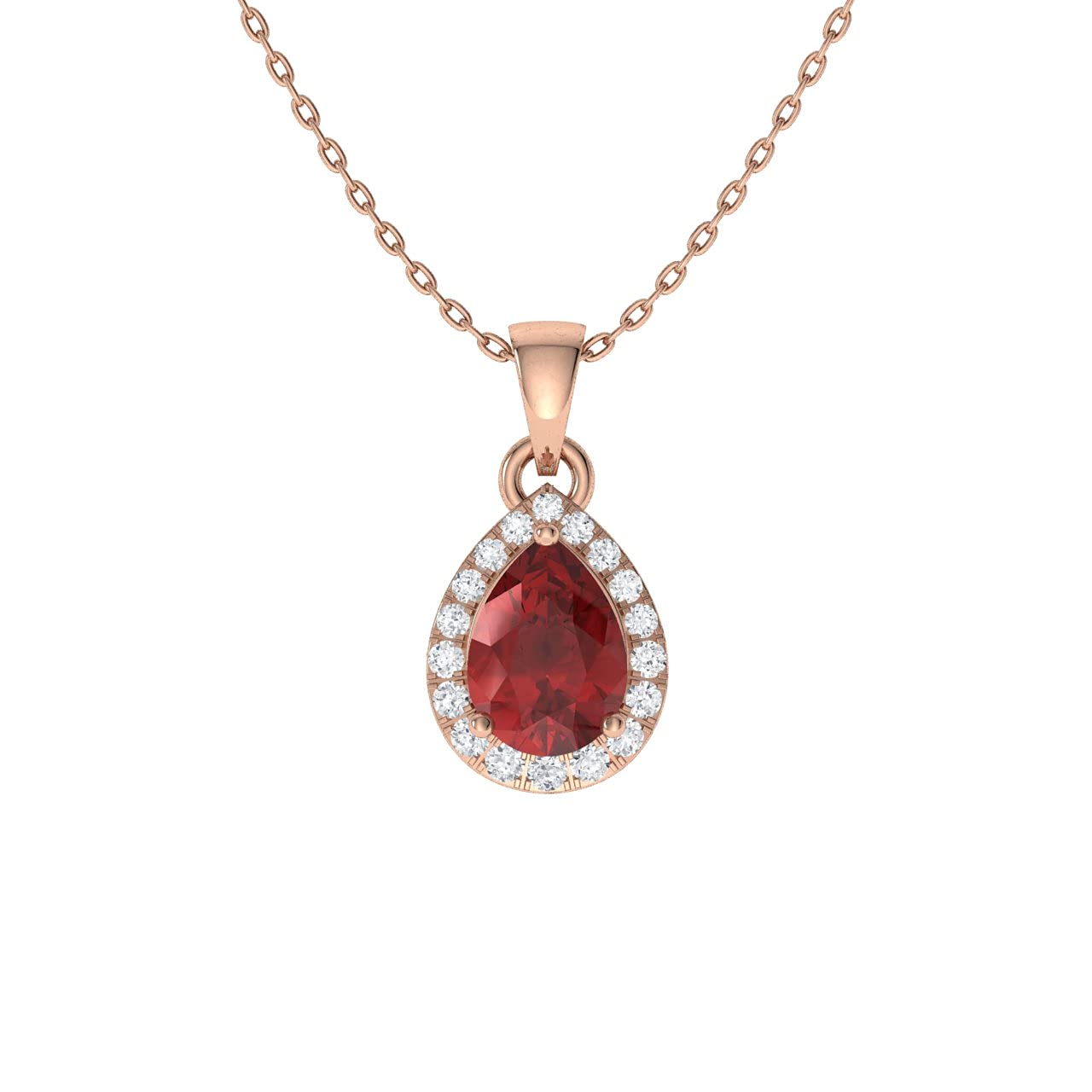 Diamondere Natural and Certified Pear Garnet and Diamond Halo Drop Petite Necklace in 14k Rose Gold | 0.33 Carat Pendant with 18 Inch Chain