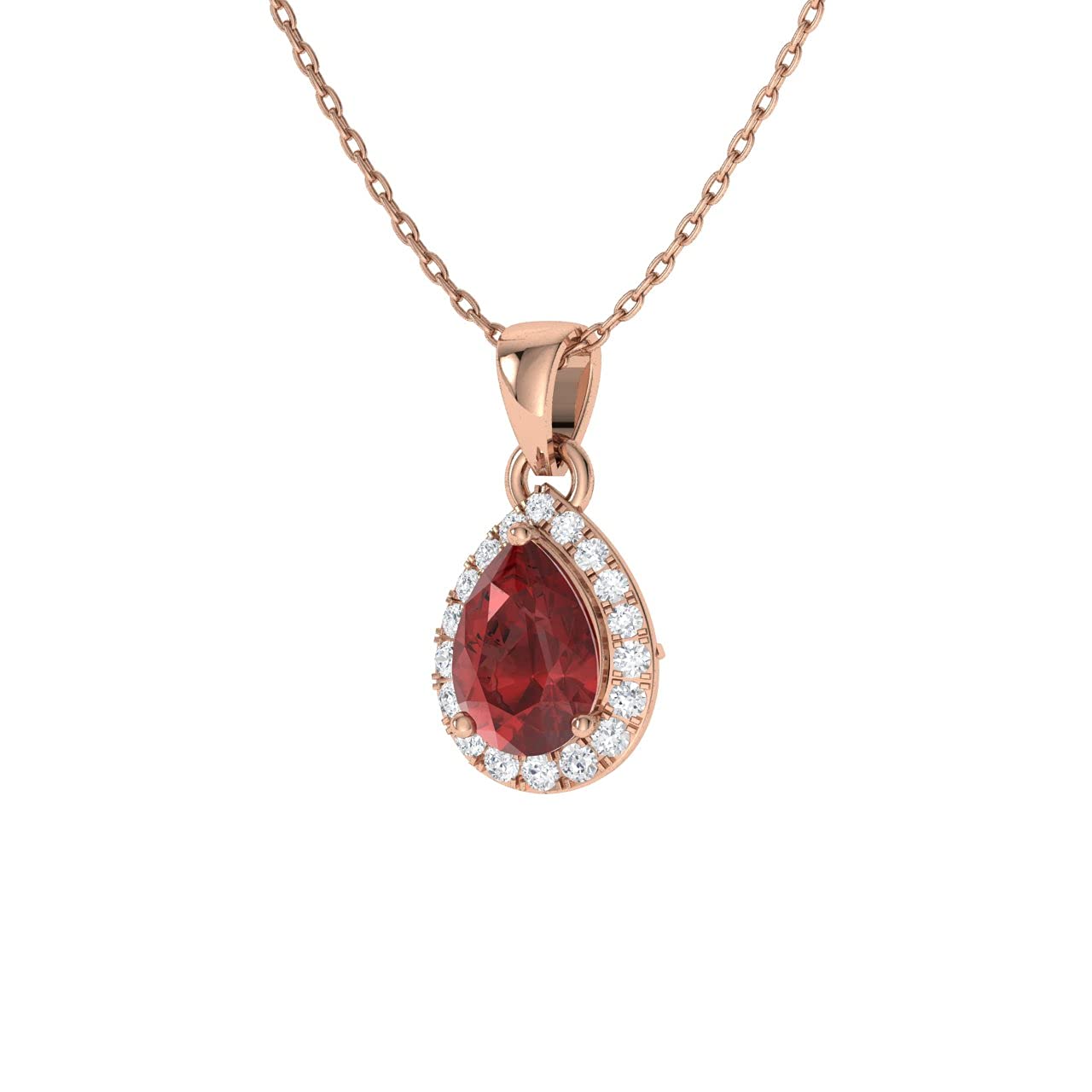 Diamondere Natural and Certified Pear Garnet and Diamond Halo Drop Petite Necklace in 14k Rose Gold | 0.33 Carat Pendant with 18 Inch Chain