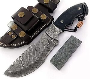 black wolf knife handmade damascus steel tracker knife edc for hunting, bush craft, camping, fixed blade g10 handle with cowhide leather sheath – bw-4141